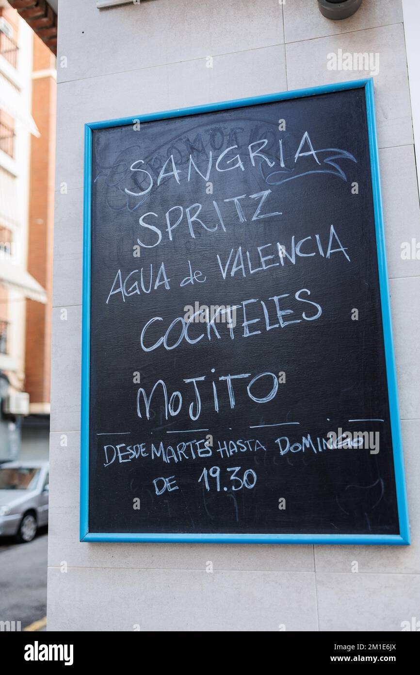 Spanish Bar Menu on Chalkboard outside Valencian Restaurant, Spain ...