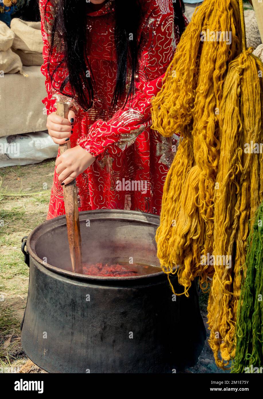 Natural wool thread dyed in color for carpet making Stock Photo - Alamy