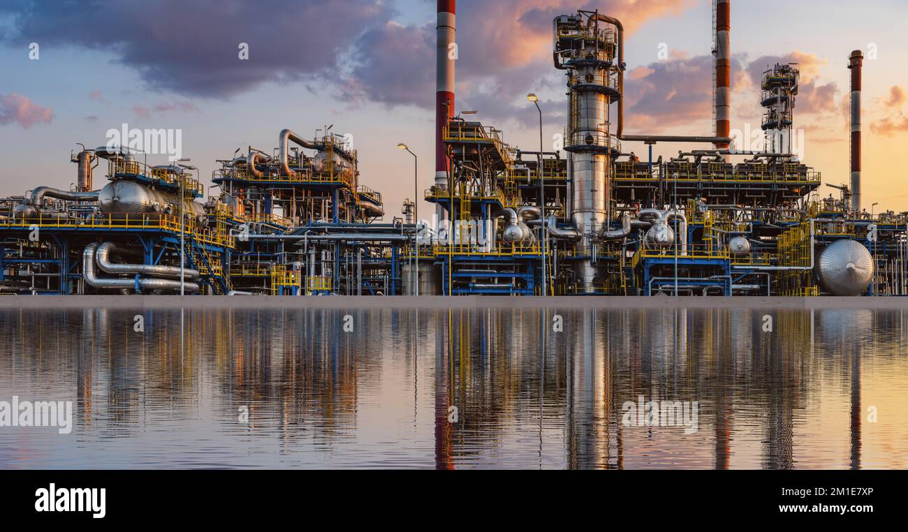 Modern oil refinery and its reflection in water Stock Photo - Alamy