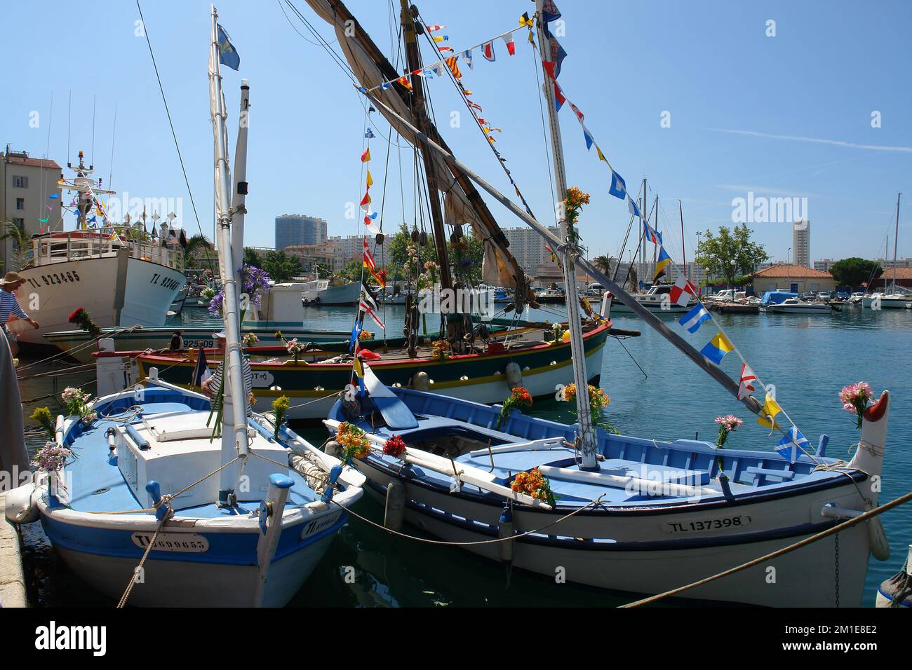Fishing boat decorated with flowers for St. Peter's Day, patron saint ...