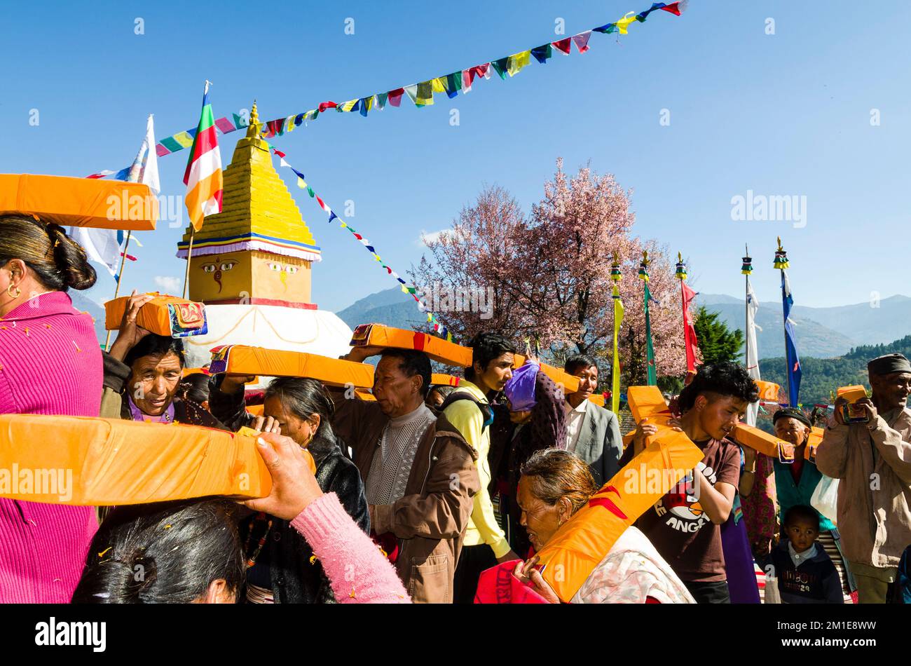 People carrying tibetean prayer books, wrapped in yellow material, on ...