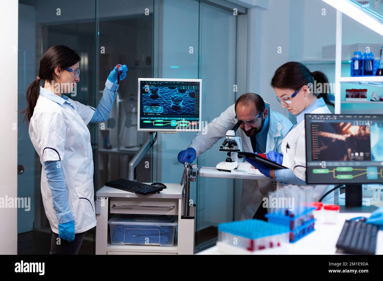 Scientist analyzing blood sample in vacutainer with researching team ...