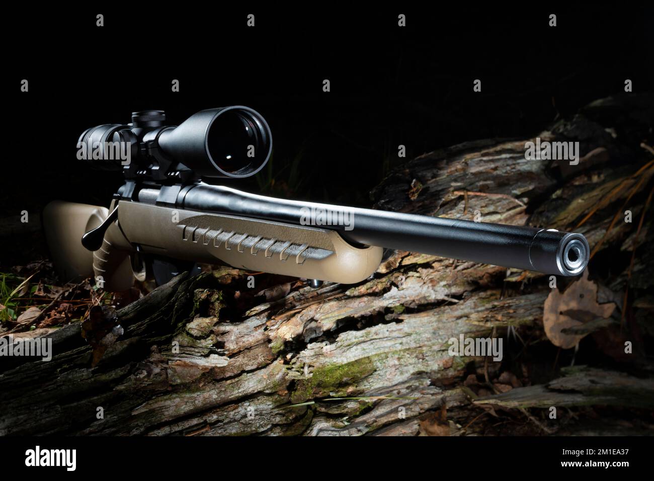 High powered scope on a bolt action hunting rifle in a dark forest ...