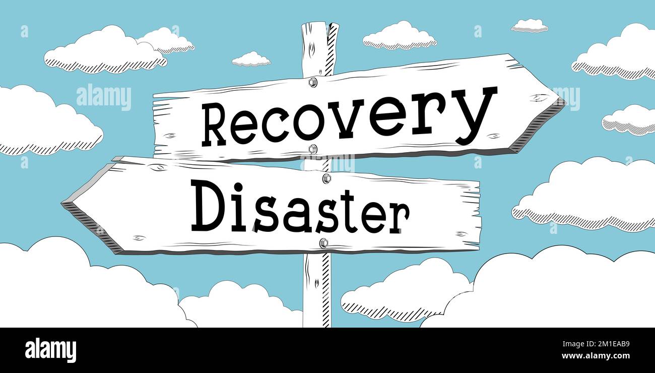 Disaster and recovery - outline signpost with two arrows Stock Photo ...