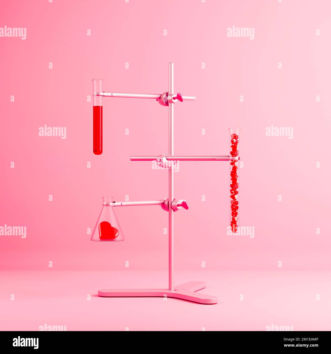 Valentine's Day creative 3D rendering. Love potions in chemistry lab ...