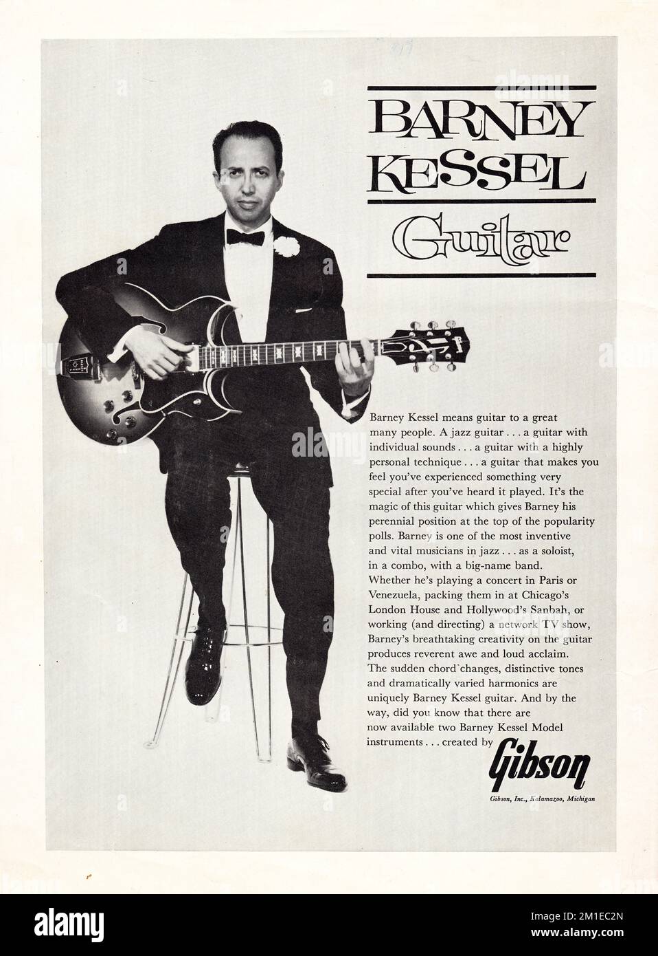 An ad for Gibson guitars featuring jazz legend, Barney Kessel. From a ...