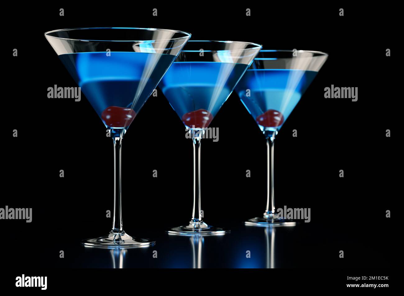 Three blue cocktails with cherry on black background Stock Photo - Alamy