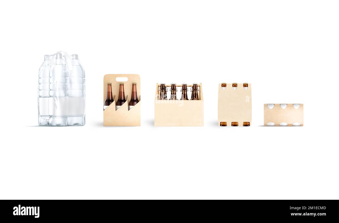 Blank plastic and craft bottle pack mockup, isolated, 3d rendering ...