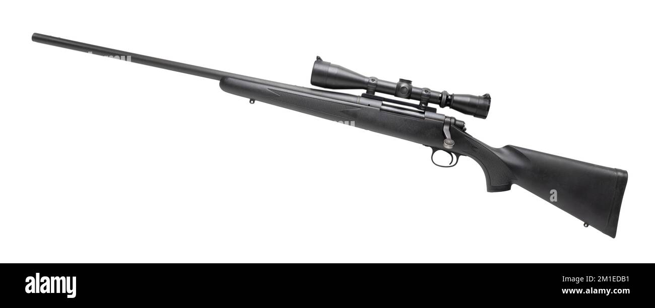 Full length view of a bolt action rifle and scope on a white background ...