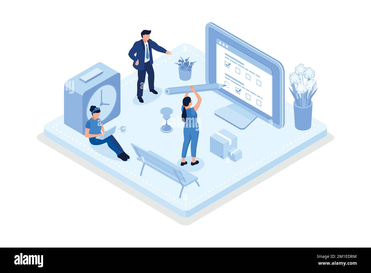 Schedule planning, Characters filling check list, isometric vector ...