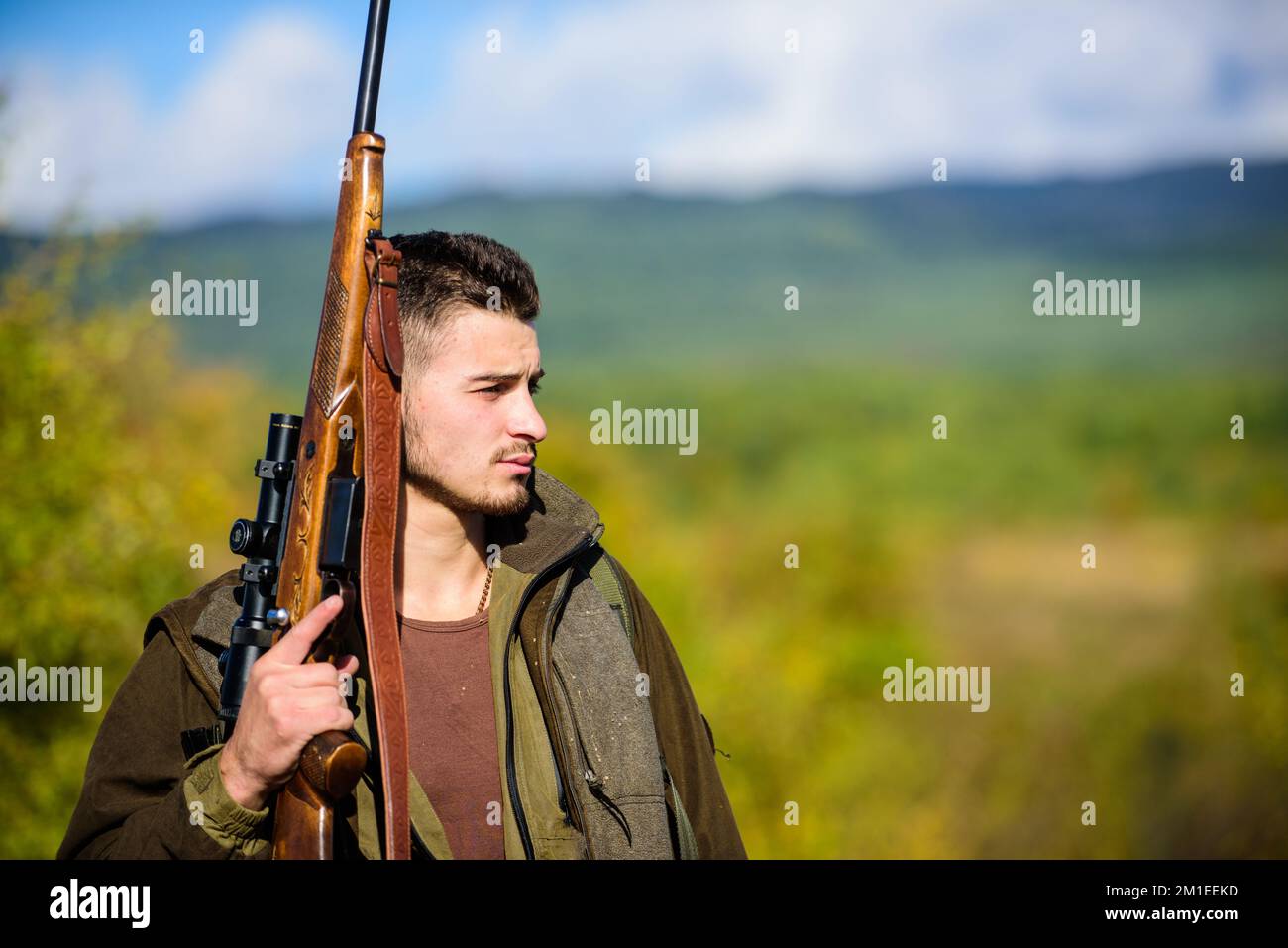Man hunter carry rifle nature background. Experience and practice lends success hunting. Guy ...