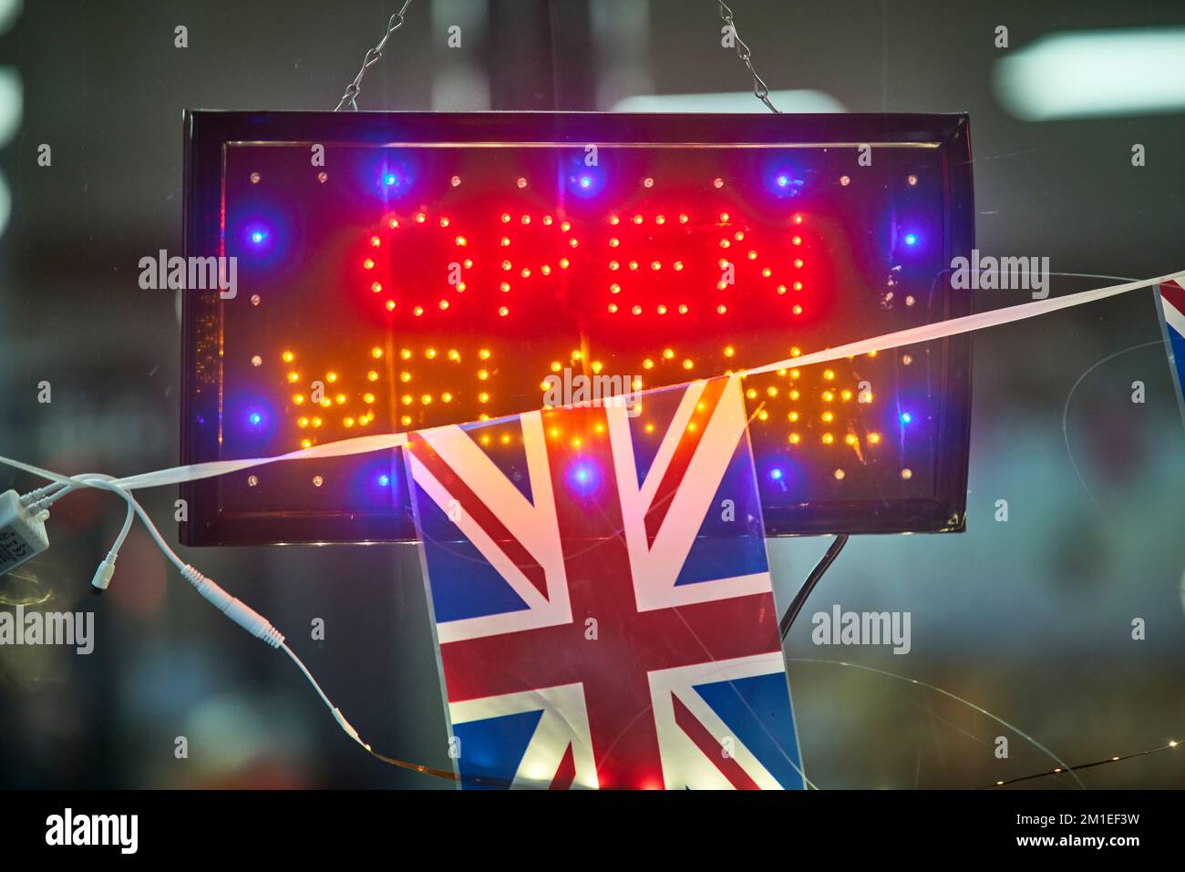 Cafe sign Open Welcome with a Union Jack flag but are people welcome in ...