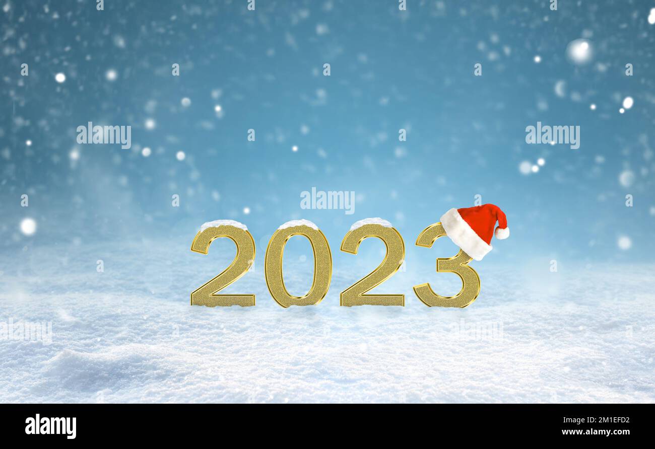 New Year background with golden numbers 2023 and Santa hat on beautiful ...