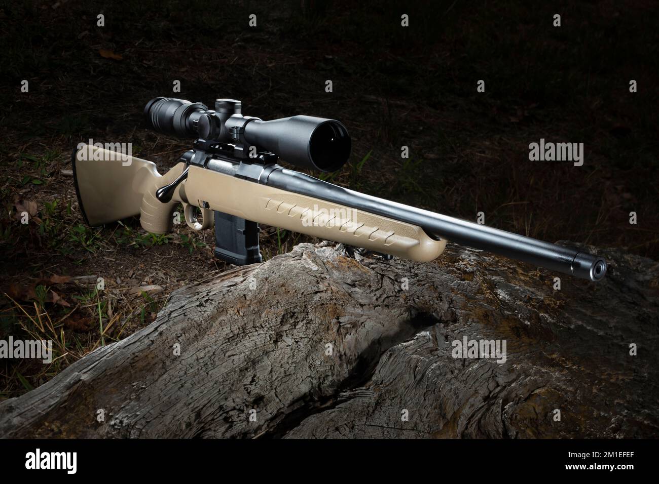 Brown bolt action rifle in 556 with a scope on a log in the forest ...
