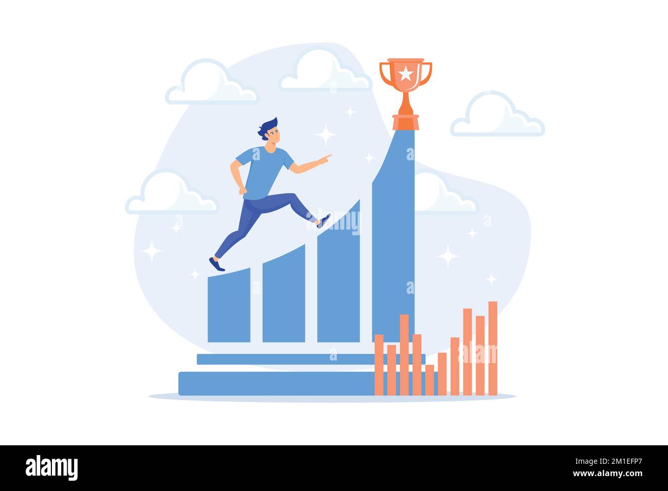 Businessman jumps on graph columns on the way to success. Positive ...