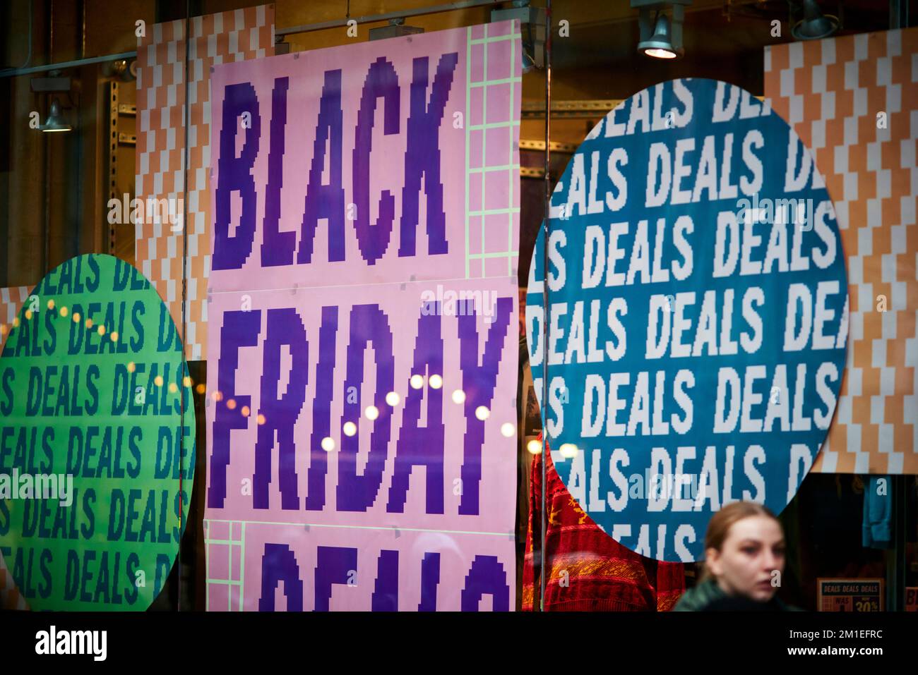 Manchester city centre Market street Black Friday signs in shop window ...