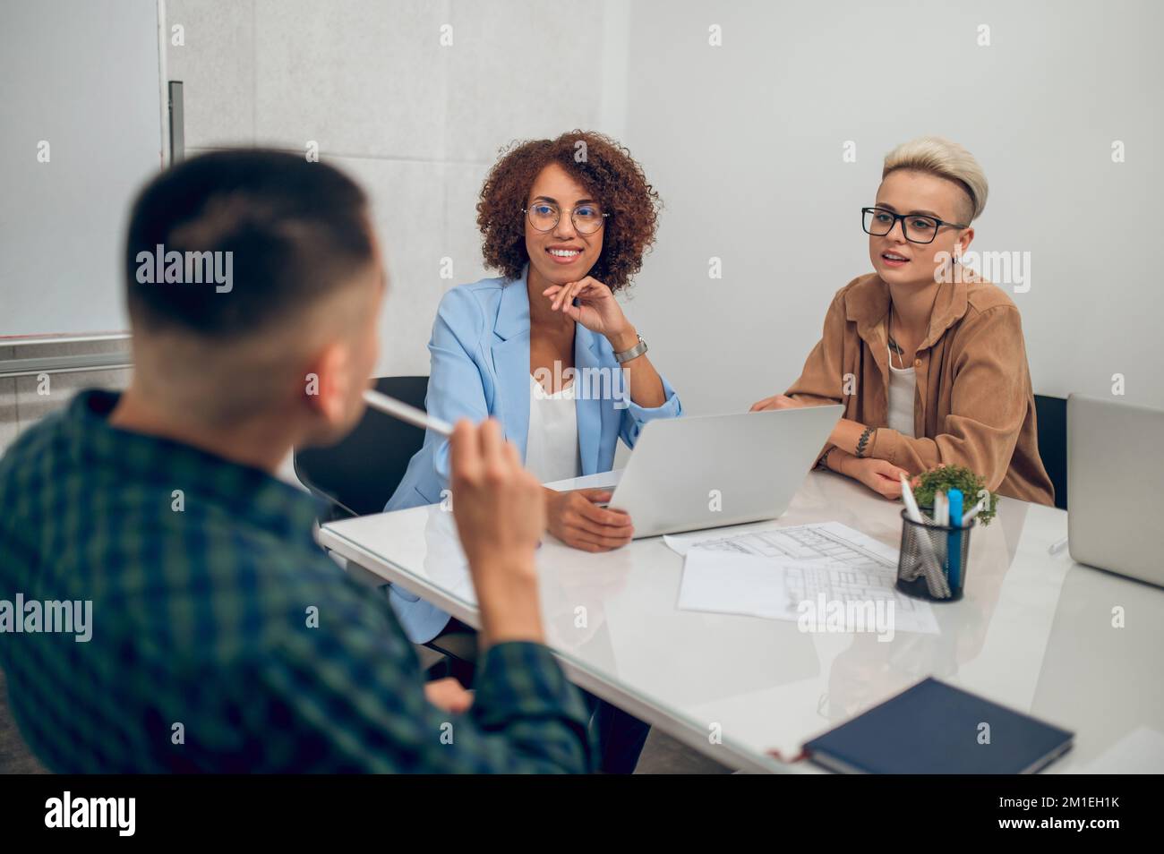 Corporate employees participating in discussion of a business project ...