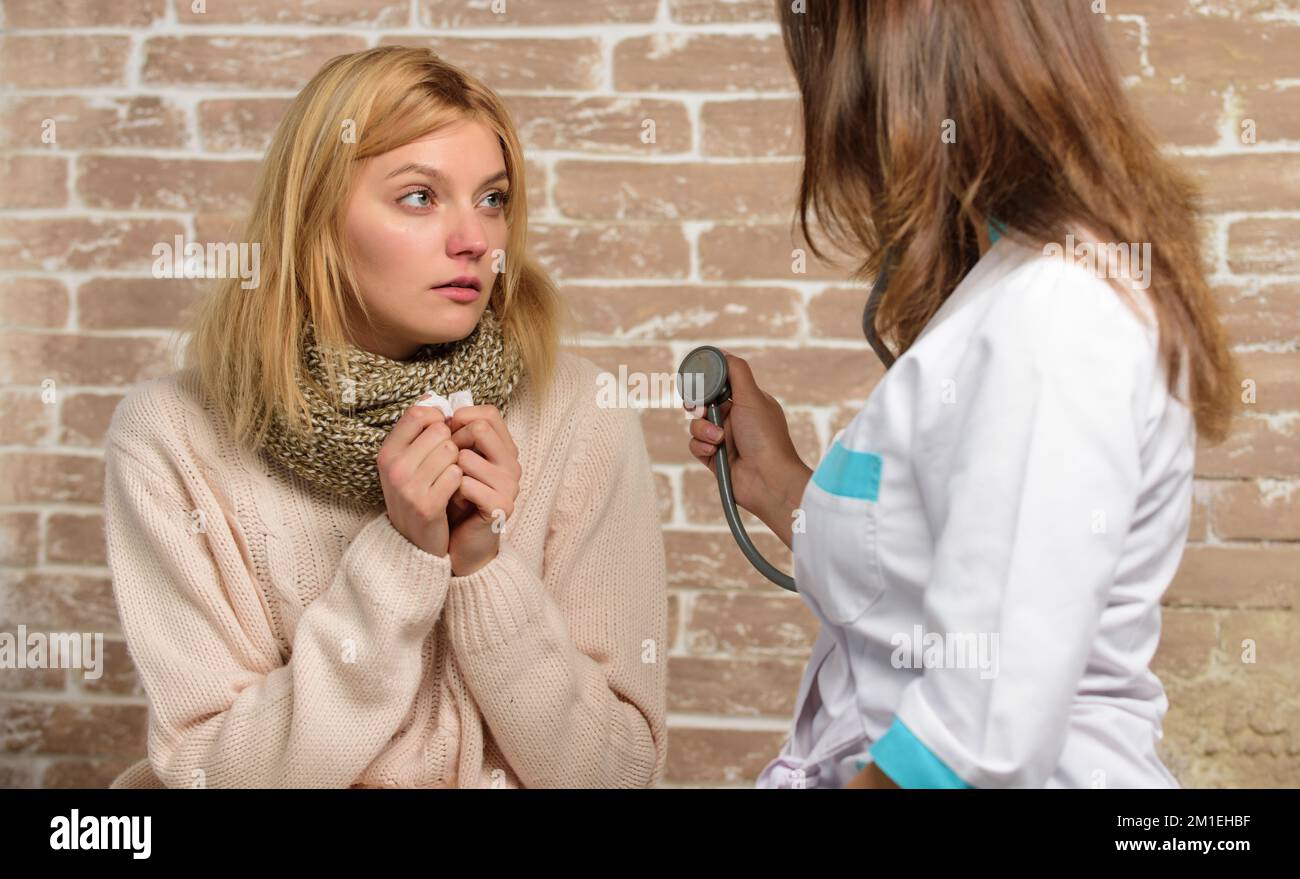 Tips how to get rid of cold. Woman feels badly ill sneezing. Girl in ...
