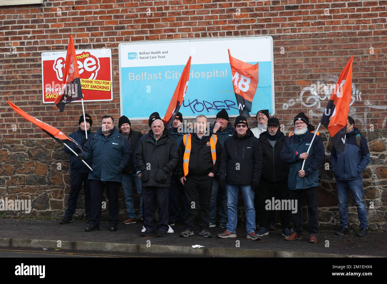 GMB union members stage a 24 hour strike outside the Belfast City ...