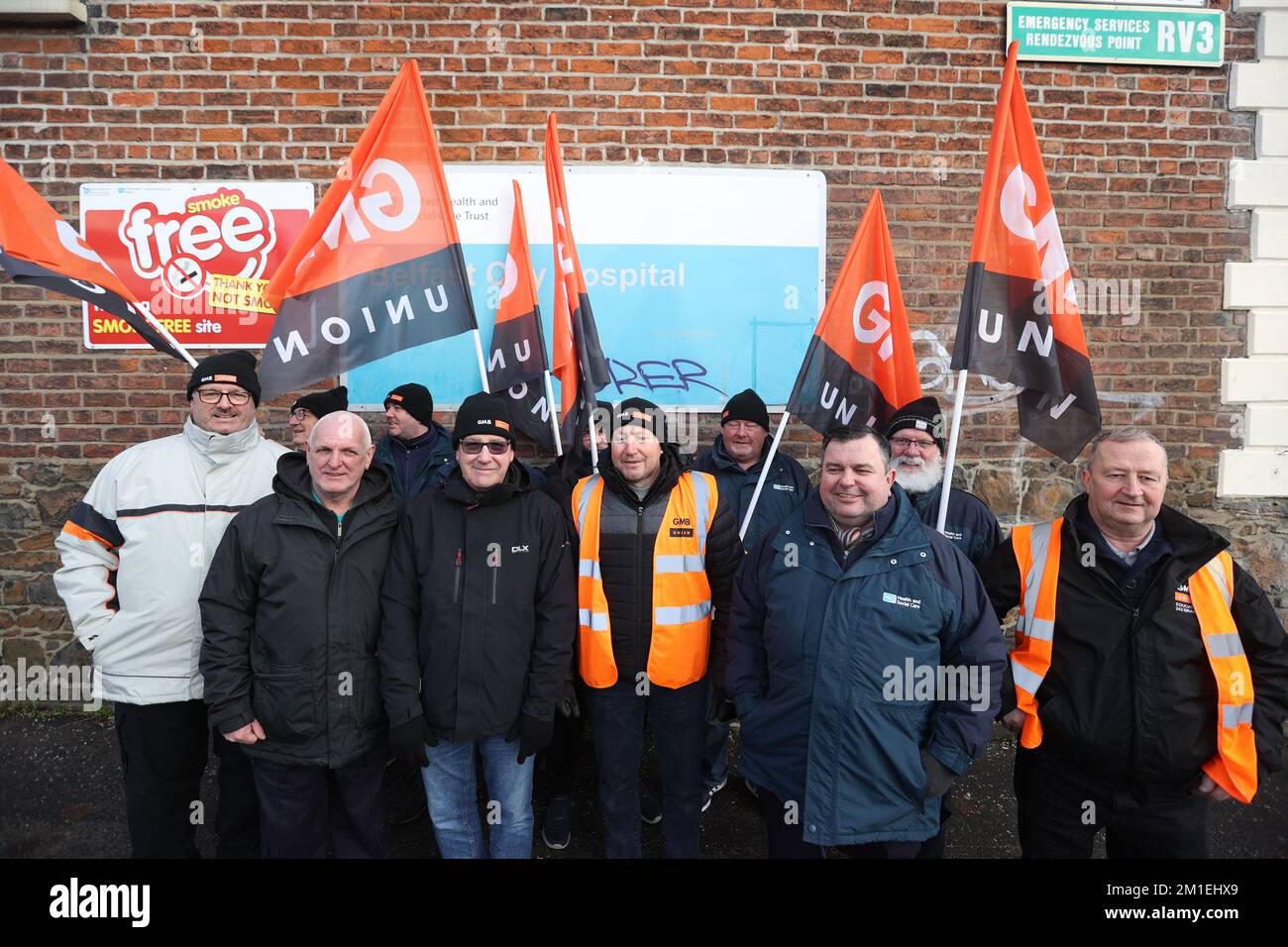 GMB union members stage a 24 hour strike outside the Belfast City ...