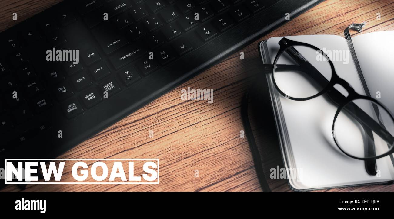 Banner of vintage desktop view with new goals text and copy space ...