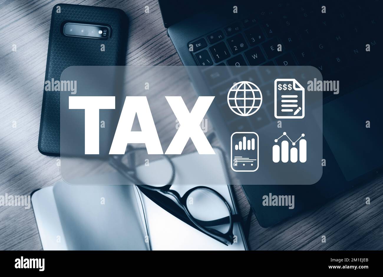 Desktop view in blue tones with TAX form icons. Data analysis ...