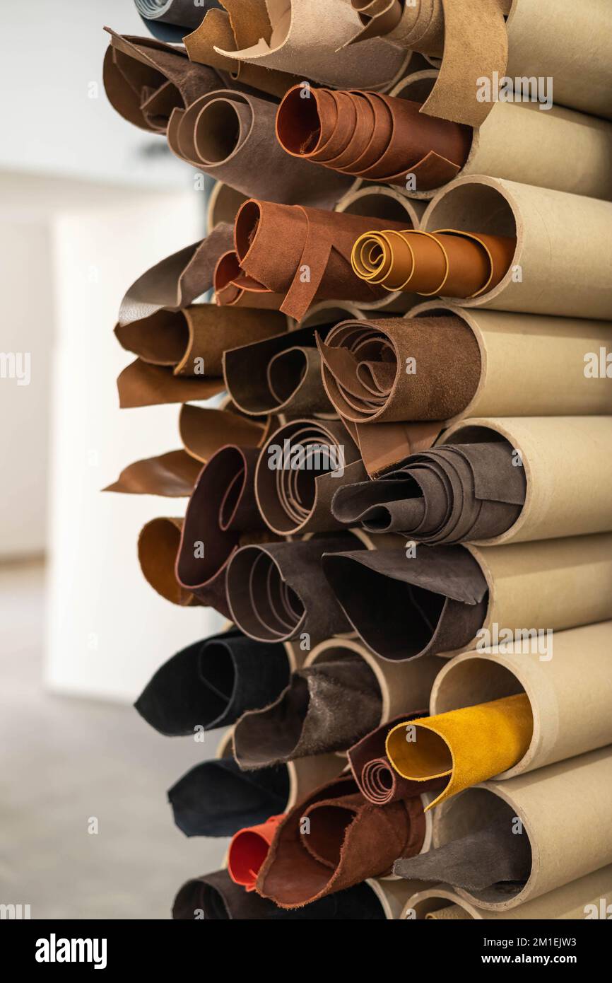 Material for creating handmade production at leather workshop. Storage ...
