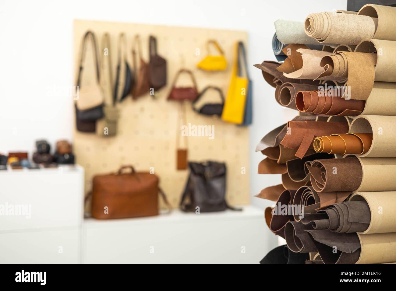 Material for creating handmade production at leather workshop. Storage ...