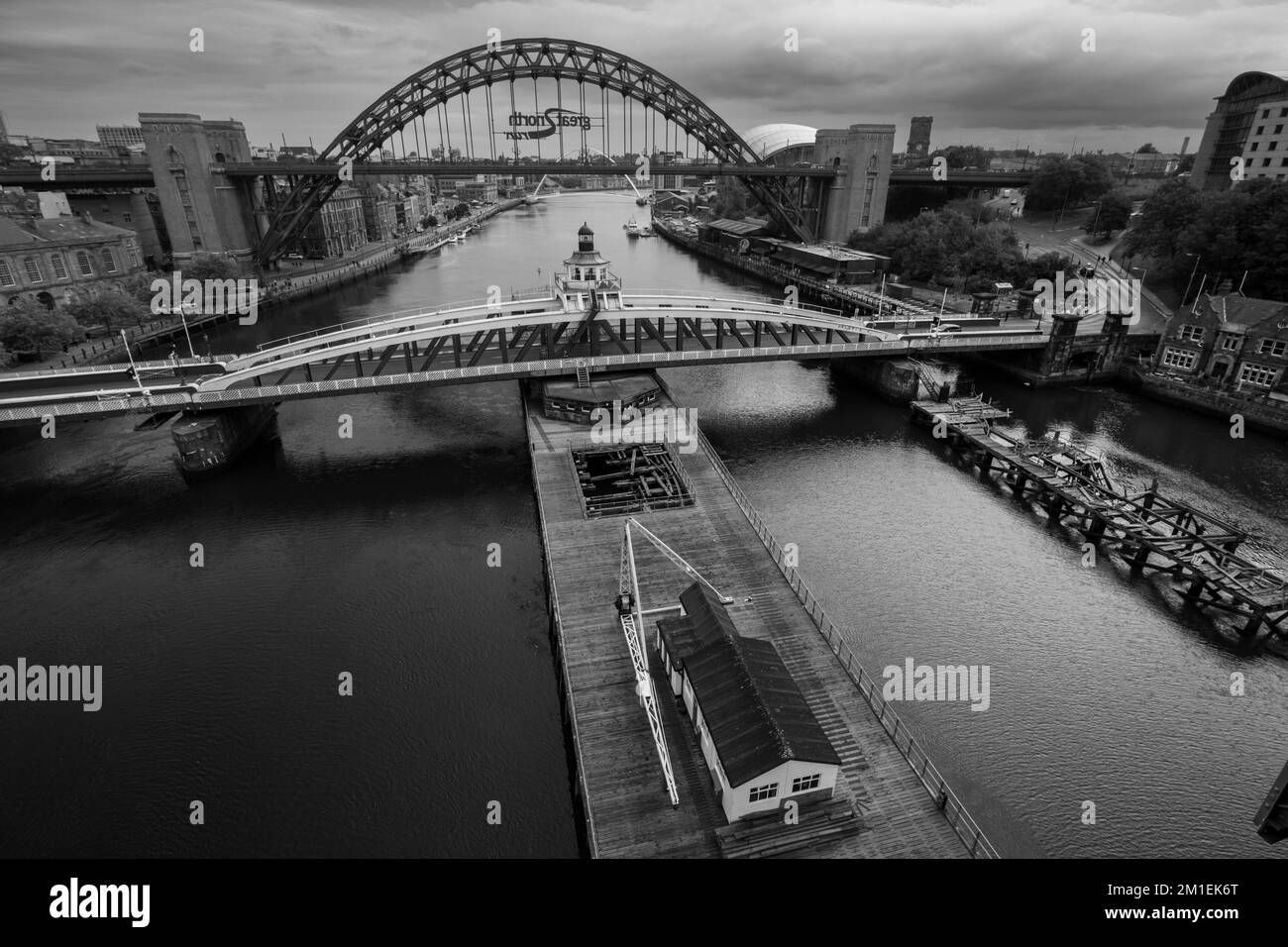 Gritty Black And White of Tyne and Low Level Bridges in Newcastle Stock ...