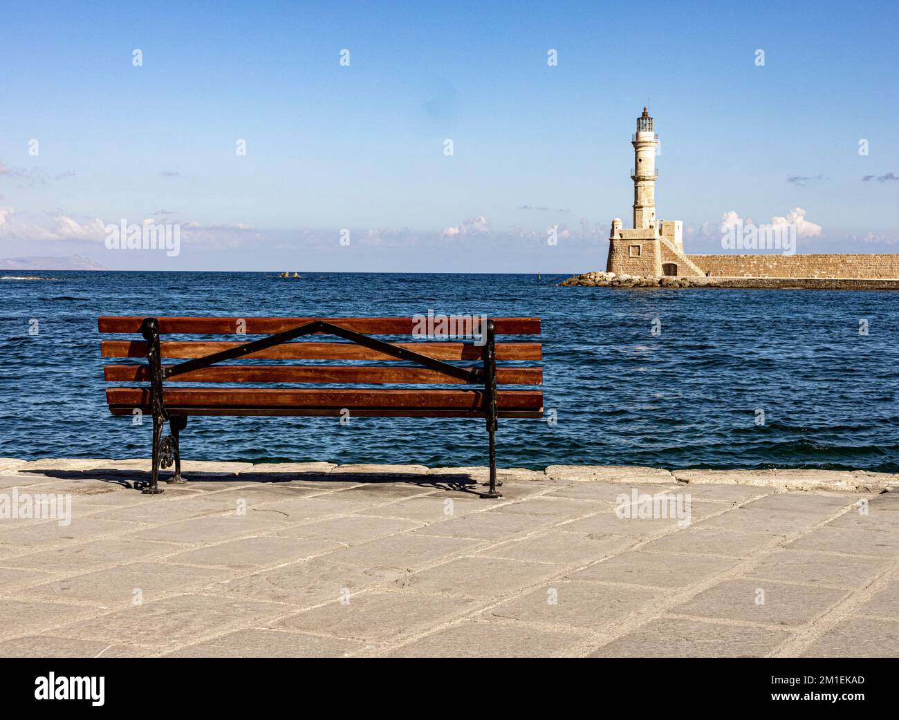 Empty harbor bench lighthouse background hi-res stock photography and ...