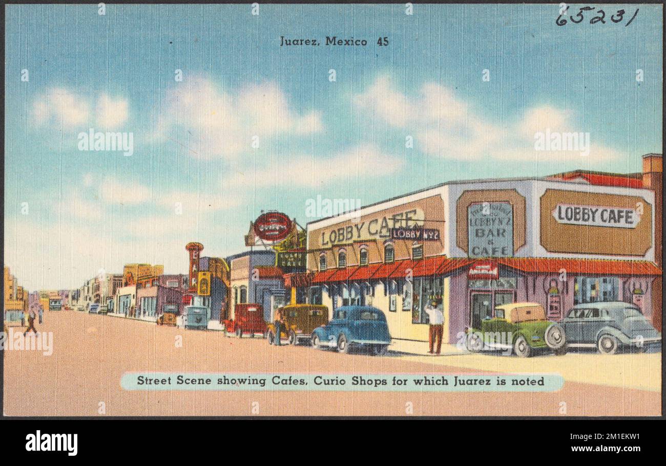 Juarez, Mexico, street scene showing cafes, curio shops for which ...