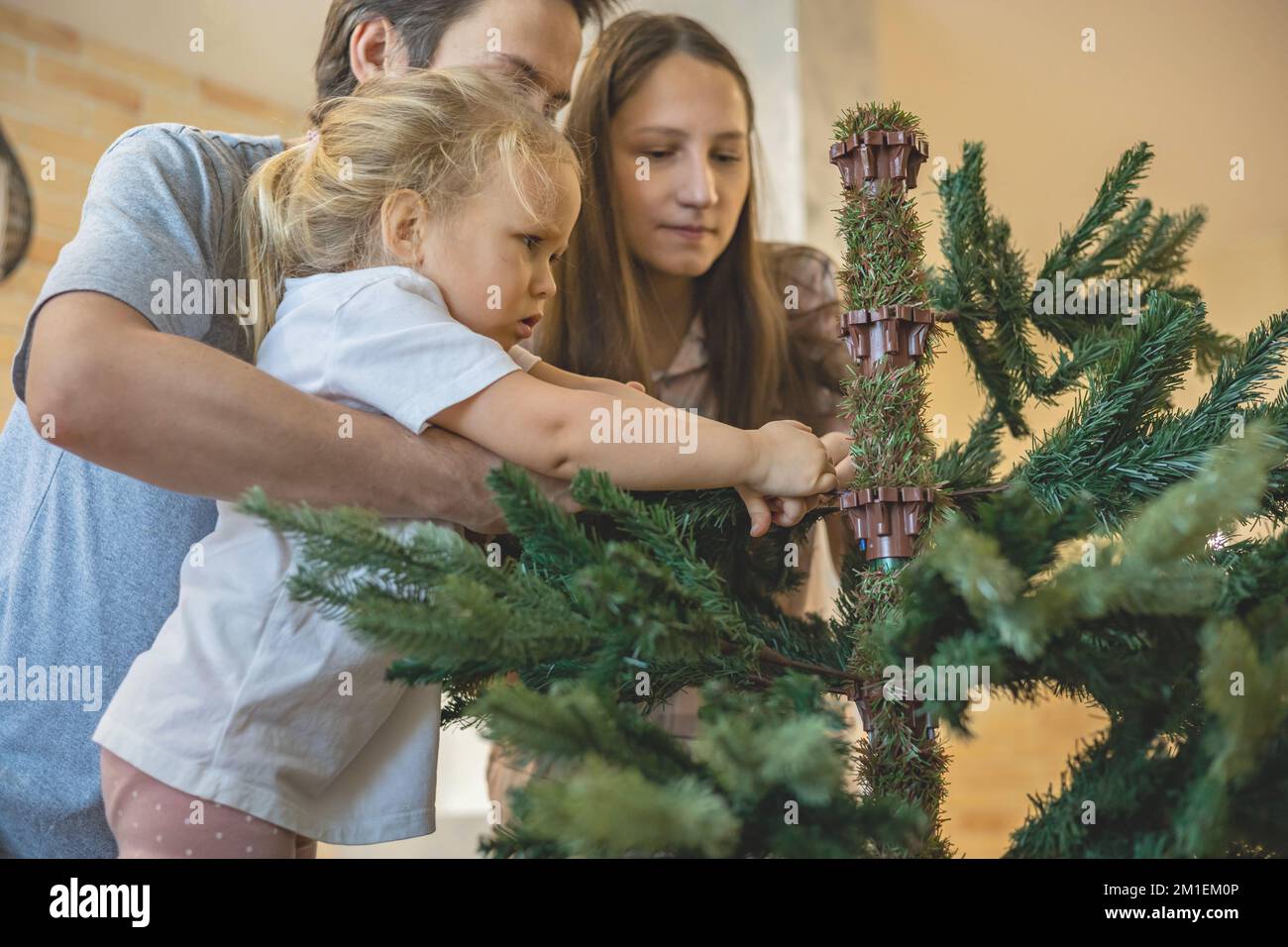 Family assembling, shaping hook-in artificial Christmas Tree at home ...