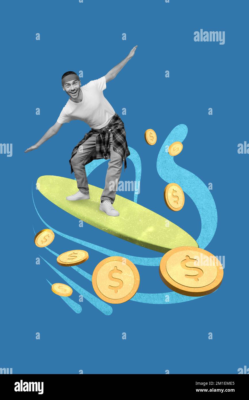 Vertical collage picture of excited black white effect guy balancing ...