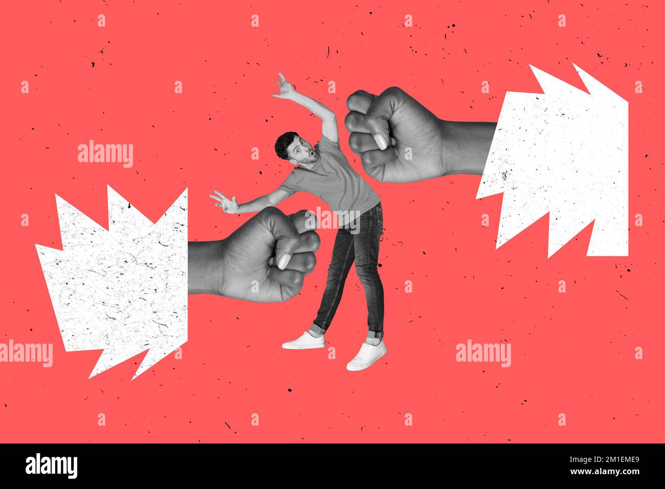 Creative collage picture of two black white arms fists punch hit mini ...