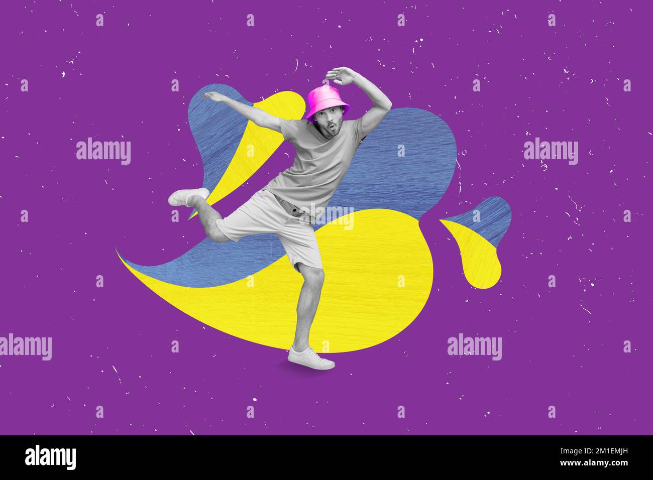 Composite collage picture of overjoyed dancing guy black white effect ...