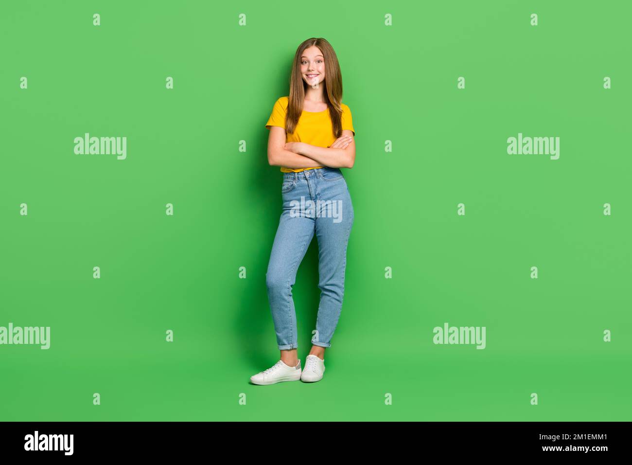 Full body portrait of satisfied glad person crossed arms have good mood ...