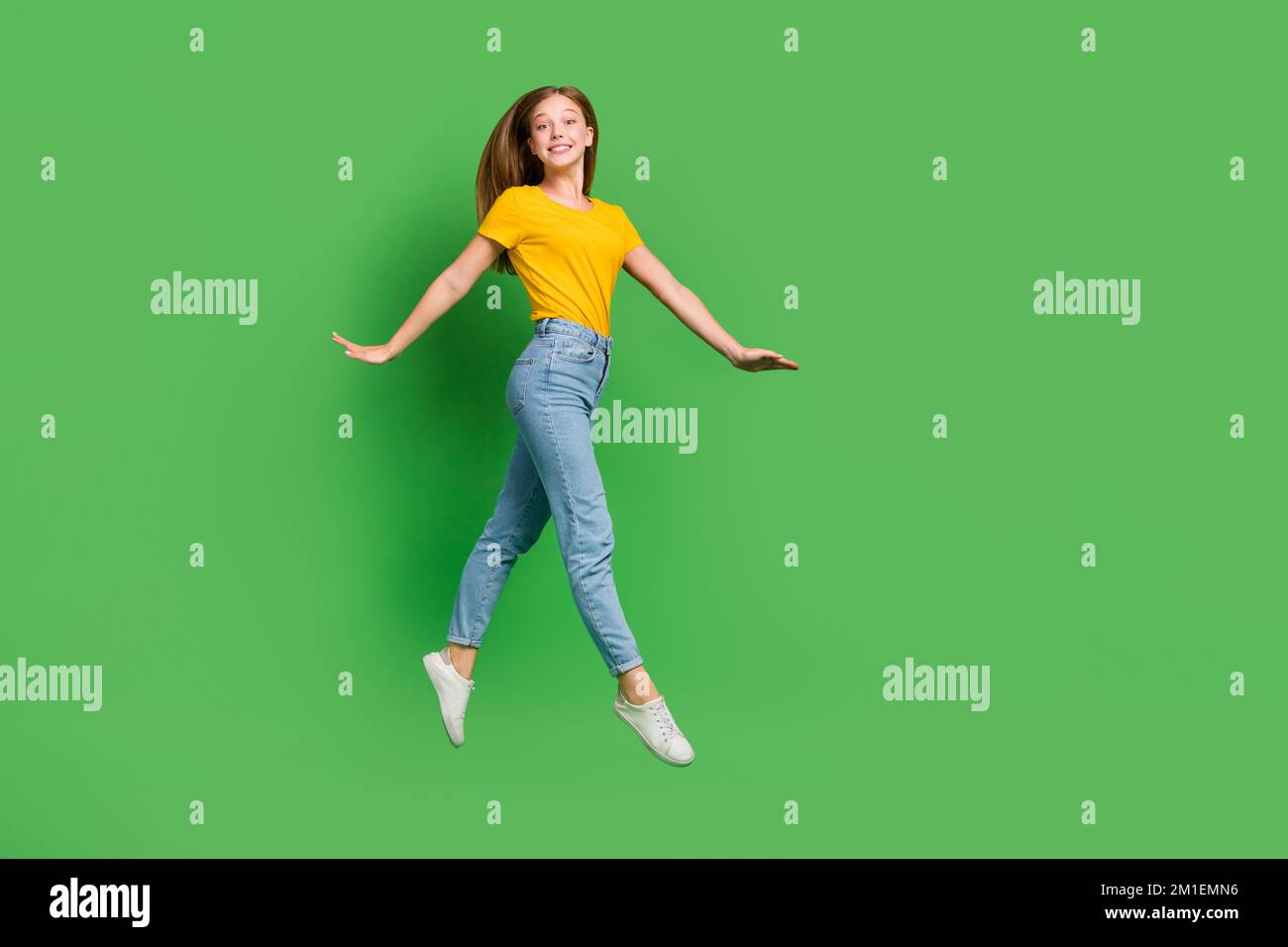 Full body portrait of overjoyed adorable person jumping have good mood ...