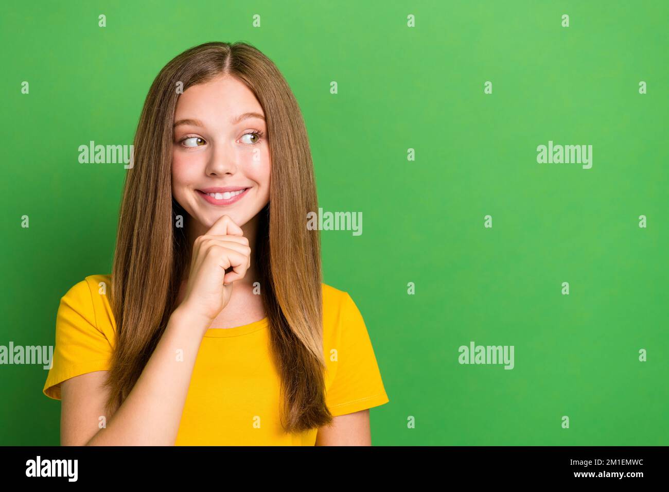 Portrait of cheerful creative person arm touch chin look interested ...