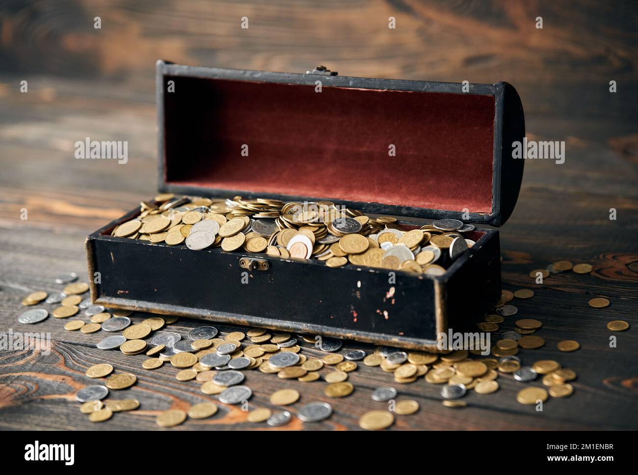 Open treasure chest filled with pile of coins. Finance, banking and ...