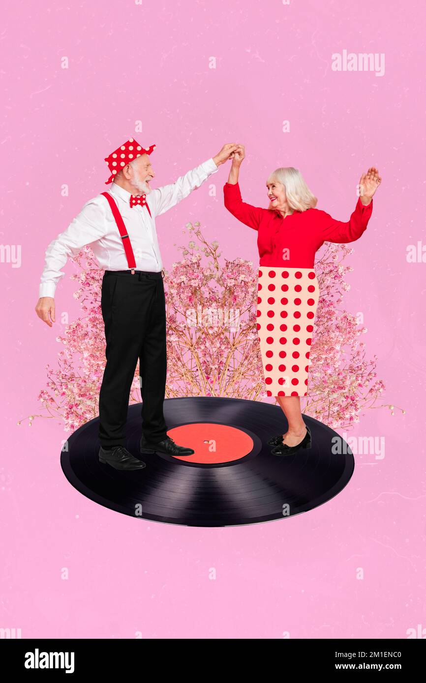Collage photo old dancing seniors couple together wear dotted red ...
