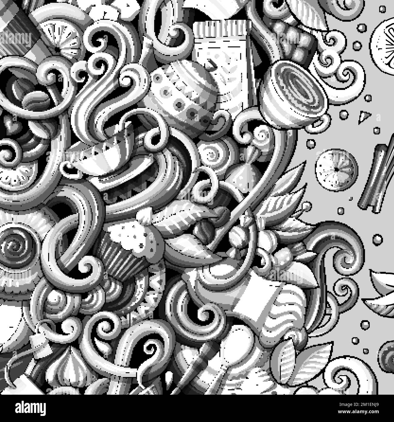 Cartoon hand-drawn doodles cafe, coffee shop illustration. Monochrome ...
