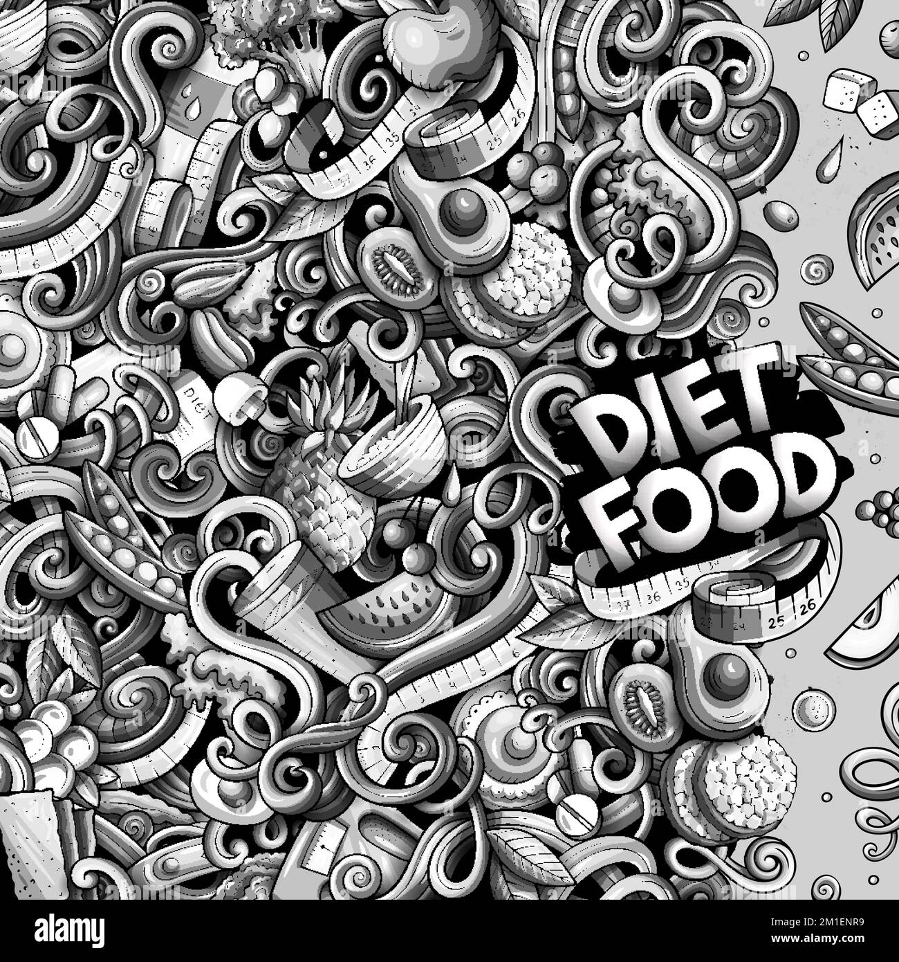 Cartoon vector doodles diet food frame. Monochrome, detailed, with lots ...