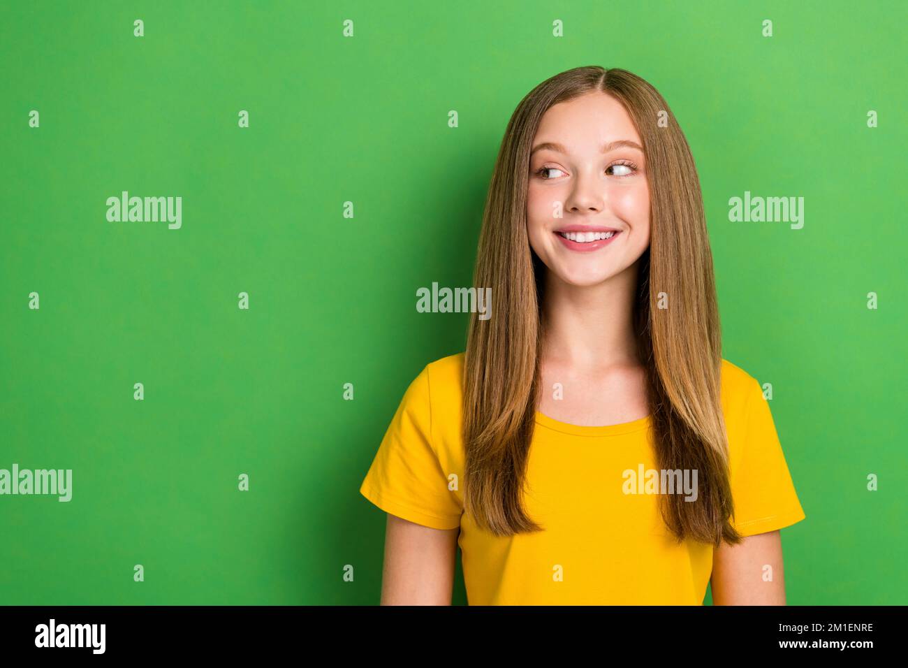 Portrait of cheerful adorable person beaming smile look interested ...