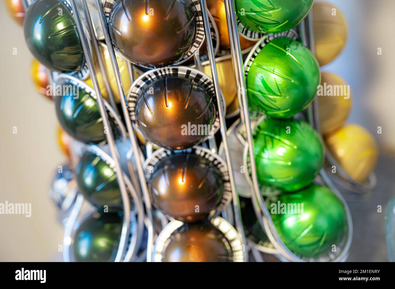 Colorful aluminum capsules of capsule coffee maker Stock Photo - Alamy