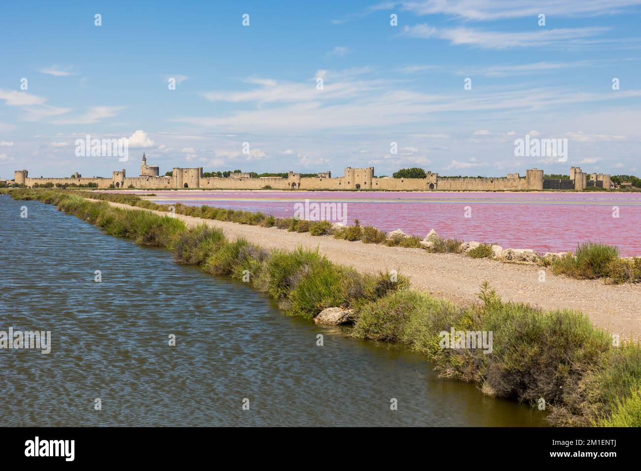 Remparts d'Aigues-Mortes devant les marais salants de couleur rose ...