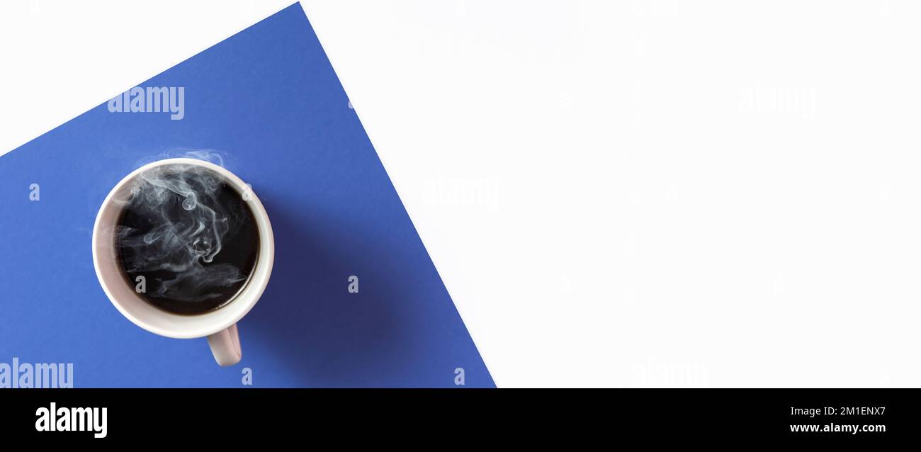 Cup of coffee for the menu. Blue corner background. Flat top view ...