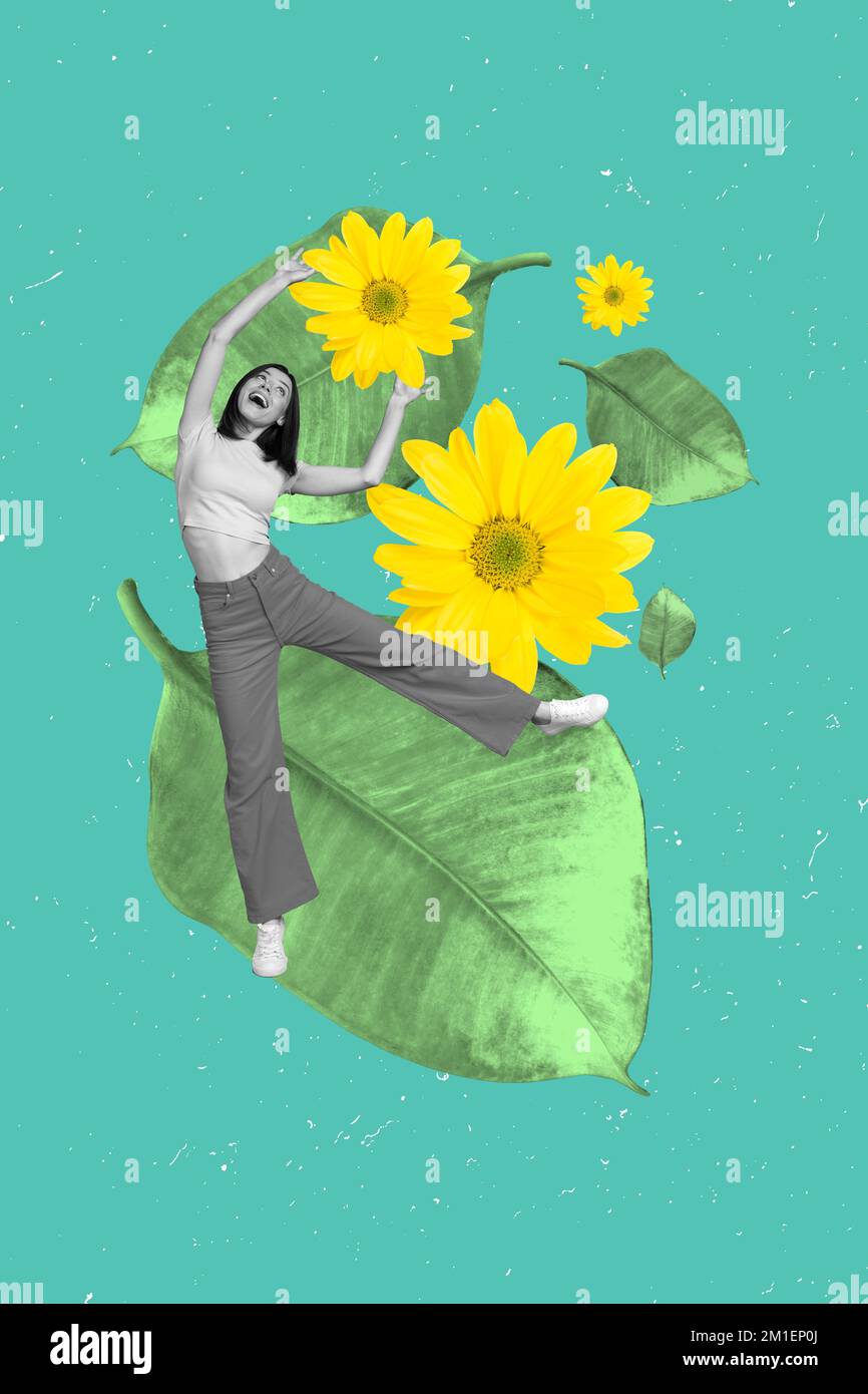 Vertical collage image of excited positive black white colors girl ...