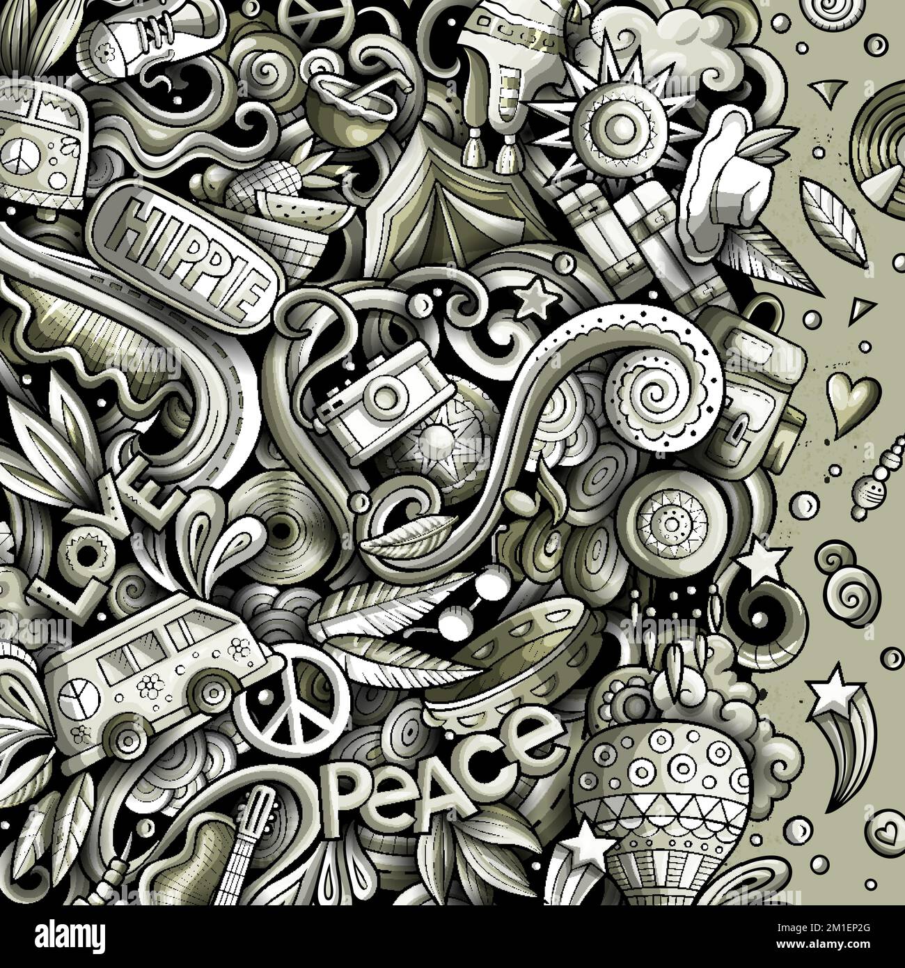 Hippie hand drawn vector doodles illustration. Hippy frame card design ...