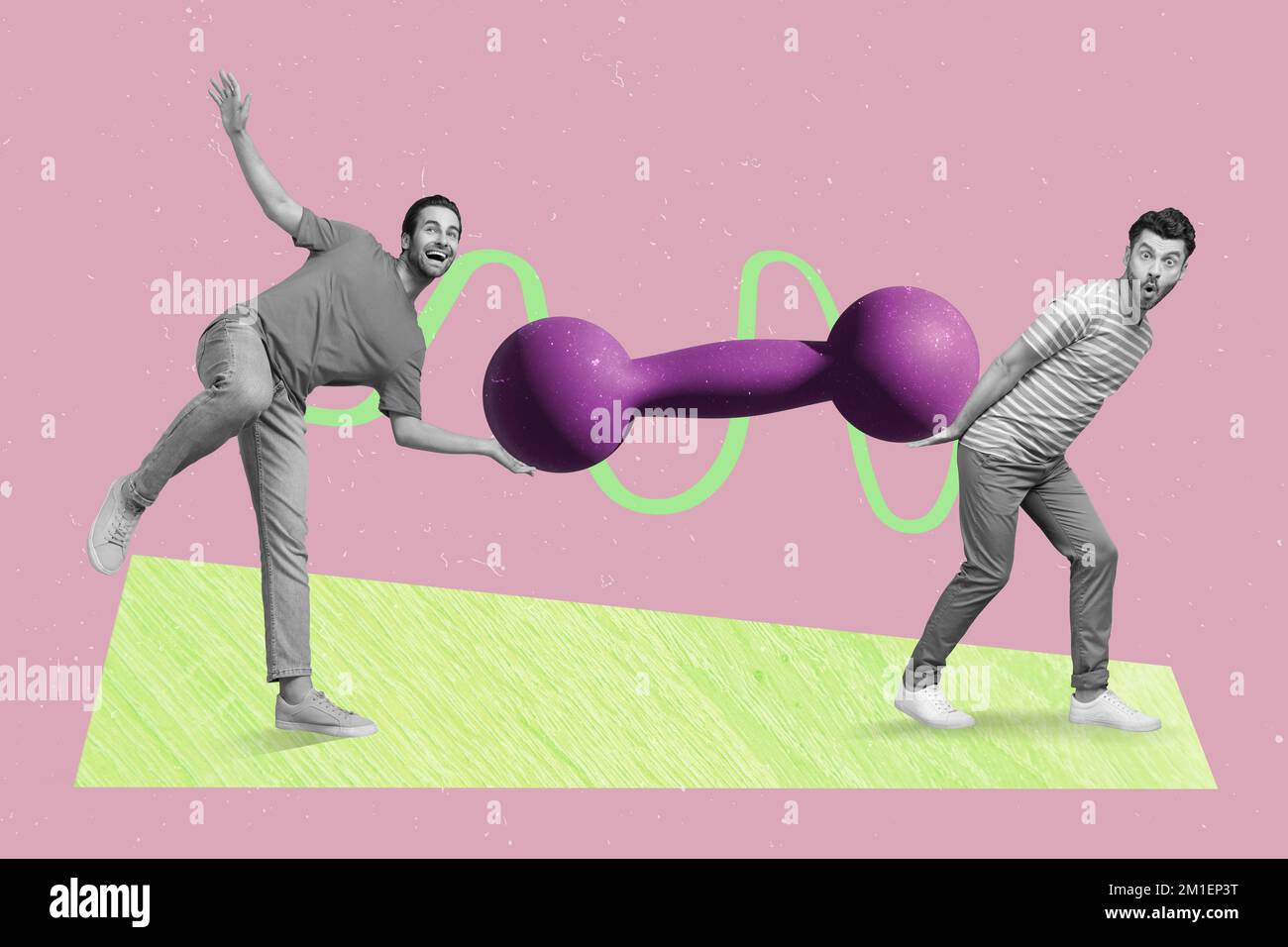 Creative collage image of two excited funny mini guys hold carry huge ...