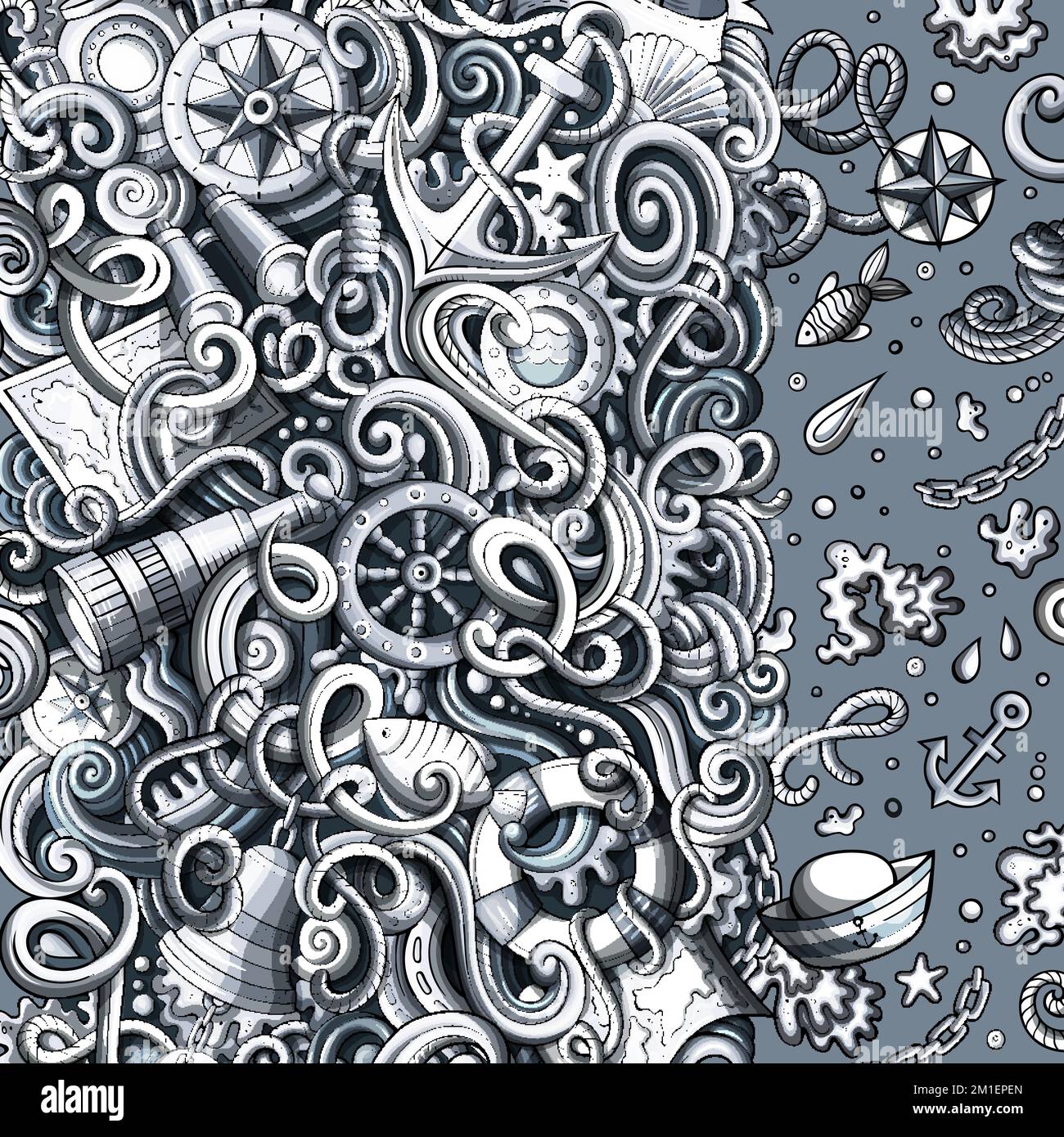 Cartoon cute doodles hand drawn nautical frame design. Monochrome ...